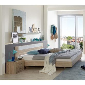 PEGANE Lit adulte avec 2 chevets imitation chêne, rechampis verre blanc + chrome - Dim: 180 x 200 cm Pegane