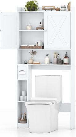Giantex Toilettenschrank f&uuml;r Badezimmer, &Uuml;berbauschrank mit 2 Fl&uuml;gelt&uuml;ren, verstellbare Regale & Toilettenpapierf&auml;cher, platzsparender WC Schrank &uuml;ber Toilett