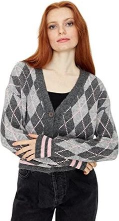 Trendyol Cardigan régulier à col en V pour Femme, Motif Diamant, Anthracite, Taille S, Anthracite, S