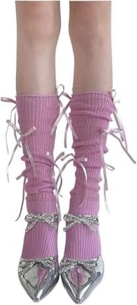 Generic Lot de 2 paires de chaussettes montantes en coton avec noeud papillon pour femme, rose, Taille Unique