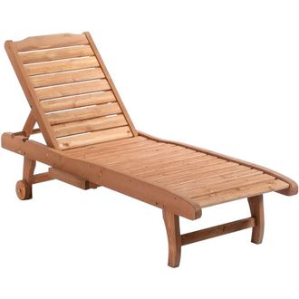OUTSUNNY Bain de soleil transat style colonial dossier r&eacute;glable 3 positions roulettes tablette support bois sapin pr&eacute;-huil&eacute;
