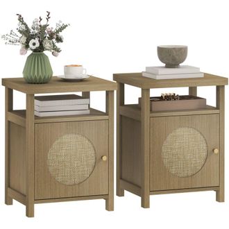 HOMCOM Lot de 2 tables de chevet - HOMCOM - avec compartiment ouvert, 1 placard - finition en rotin, style boh&egrave;me - 40x35x55cm - marron