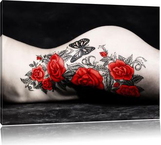 Pixxprint rotes Rosen Tattoo mit Schmetterling B&W, Größe: 100x70cm, Leinwandbild, fertig gespannt, Wandbild, Dekoration, Kunstdruck, kein Poster