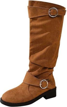Generic Bottes larges en daim synth&eacute;tique pour femme - Style d&eacute;contract&eacute; - Bout rond - Talon bas et &eacute;pais - Polyvalentes et confortables - &Agrave; enfiler - Pour f&ecirc;