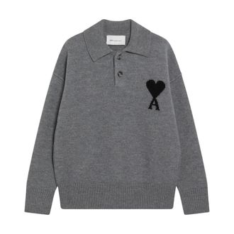 Ami Quota Polo Pullover mit kontrastierendem Ami de Coeur - - Tops - Damen - Grau - L