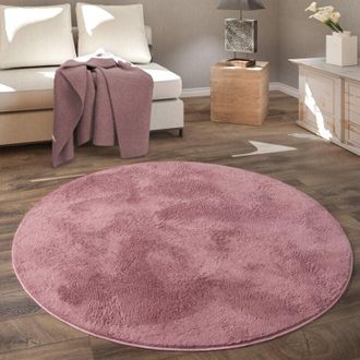 Paco Home Paco Home - Teppich Rund Fellteppich Kunstfell Plüsch Bettvorleger Shaggy Wohnzimmer Kinderzimmer ø 200 cm Rund, Dunkel Rosa