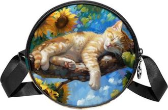 Generic Petit sac &agrave; bandouli&egrave;re rond pour femme, motif tournesols et chats avec fermeture &eacute;clair, bretelles r&eacute;glables, sac &agrave; main rond d&eacute;contract&eacute; pour femmes