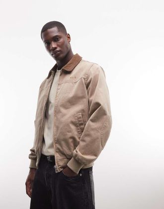 Schott NYC Bomber en toile &agrave; col contrastant - Taupe-Brown