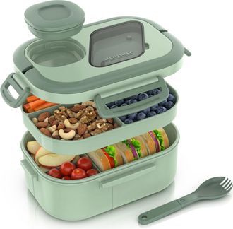 Arendo Lunchbox Brotdose mit F&auml;chern - 1000 ml - 6 F&auml;cher plus Butterdose und Besteckfach - Tragegriffe - auslaufsicher - Mikrowelle Sp&uuml;lmaschine Eisfach - B