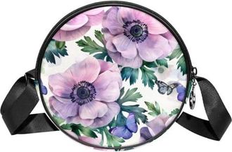 Generic Sac &agrave; bandouli&egrave;re rond pour femme, motif fleur dan&eacute;mone avec fermeture &eacute;clair, bretelles r&eacute;glables, sac &agrave; main rond d&eacute;contract&eacute; pour femmes et filles