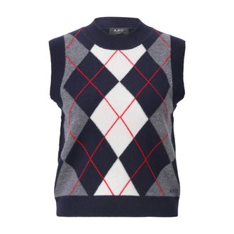 A.P.C. A.p.c., Femme, Pulls, Multicolore, Taille: 38 FR Pull sans manches en laine à carreaux rétro