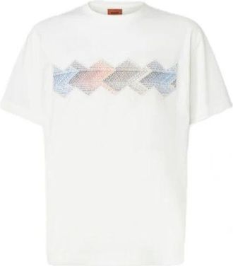 Missoni Homme, Tops, Blanc, Taille: M T-shirt en coton &agrave; col rond avec insert en zigzag d&eacute;grad&eacute;