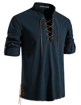 PARKLEES Herren Renaissance Kost&uuml;me Retro Schn&uuml;r Langarm Shirts f&uuml;r Piraten Wikinger Mittelalter, dunkles marineblau, XXL