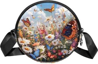 Generic Sac &agrave; bandouli&egrave;re rond pour femme, motif papillons, marguerites, petit sac &agrave; bandouli&egrave;re avec fermeture &eacute;clair, bretelles r&eacute;glables, sac &agrave; main rond d