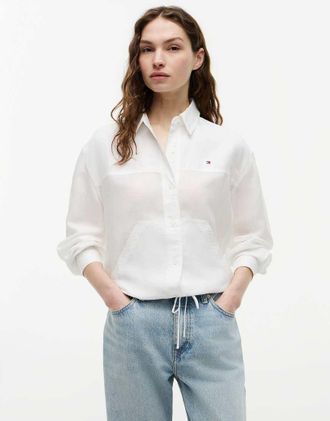 Tommy Hilfiger Chemise d&eacute;contract&eacute;e en lin m&eacute;lang&eacute; avec cordon de serrage - Blanc