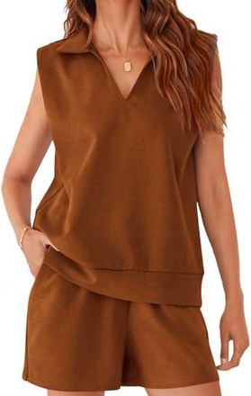 Generic Ensemble 2 pi&egrave;ces court d&eacute;t&eacute; pour femme avec col en V et sans manches, marron, XXL