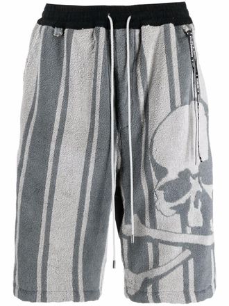 MASTERMIND WORLD Gestreifte Joggingshorts mit Totenkopf - Grau