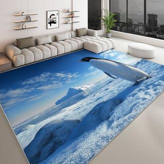 Generic Tapis Bleu Lavable pour Salon, Tapis &agrave; Poils Courts Antid&eacute;rapant Surr&eacute;aliste Moderne Animaux Pingouins pour Enfants Bureau Salle &agrave; Manger Cuisine et C
