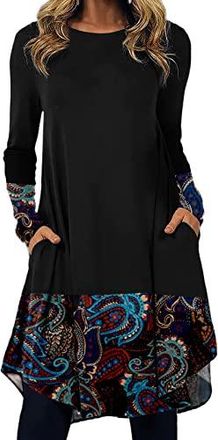 Generic Robe Boheme Femme Manche Longue- Robe Mi Longue Col Rond Irr&eacute;gulier Ourlet Coupe Ample D&eacute;contract&eacute; Style Ethnique Confortable Polyvalent Chic Et &Eacute;l&eacute;ga