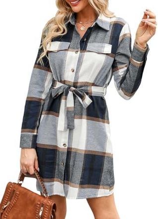 Cupshe Mini robe à carreaux avec ceinture boutonnée sur le devant et manches longues pour femme, Motif carreaux Bleu marine, Taille XL