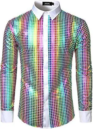 JOGAL Robe à paillettes à manches longues pour homme - Style disco des années 70, Blanc multicolore., M