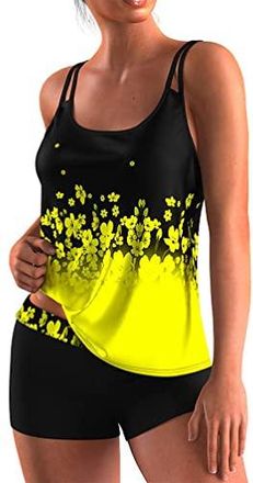 Minetom Maillot de Bain Femme 2 Pi&egrave;ces Tankini Taille Haute Top Ensembles Maillots Bikini Set D&eacute;bardeur et Short F Jaune XS