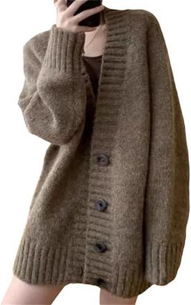Generic Cardigan en tricot uni pour femme - Col en V - Simple boutonnage - &Eacute;l&eacute;gant et d&eacute;contract&eacute; - Pour lhiver, Brun, taille unique