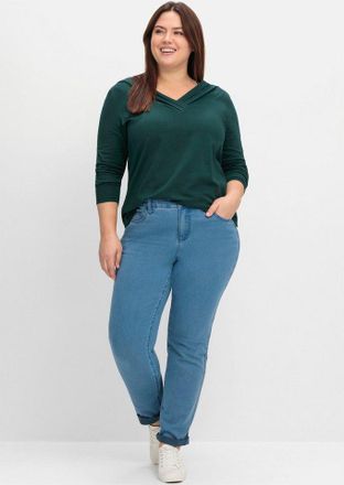 Sheego T-Shirt Langarmshirt Langarm mit Zierfalten am V-Ausschnitt, A-Linie