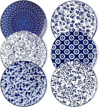 VANCASSO Lot de 6 petites assiettes &agrave; salade en c&eacute;ramique de 21,6 cm pour cuisine, micro-ondes, four, lave-vaisselle, cadeau vintage, bleu