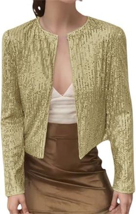 Generic Blouson bomber &agrave; paillettes &agrave; manches longues et fermeture &eacute;clair pour femme avec poches, tenue de f&ecirc;te scintillante, dor&eacute;, 3XL