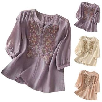 Generic Chemise brod&eacute;e en coton et lin &agrave; manches 3/4 pour femme - Chemises confortables et douces - Chemisiers daffaires &eacute;l&eacute;gants - Hauts boh&egrave;me Y2K Streetwea