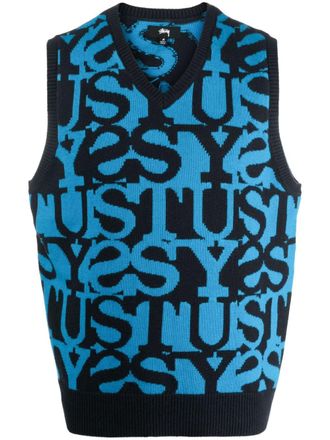 St&uuml;ssy d&eacute;bardeur en maille intarsia &agrave; col v - Bleu