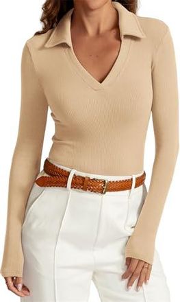Generic Polo à manches longues et col en V pour femme, haut décontracté pour femme, haut de bureau pour femme, camel, M