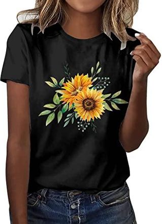 Generic T-shirt imprim&eacute; ample &agrave; manches courtes et col rond pour femme, Noir, XXL