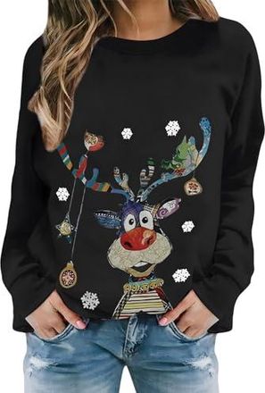 Generic Pull Moche De Noel Femme,Femmes Automne Hiver décontracté Noël Renne Bonhomme de Neige Cloches imprimé Mignon Manches Longues col Rond Pull Confortabl