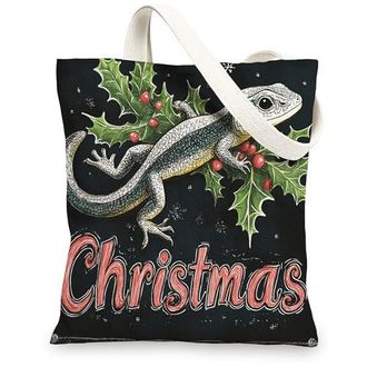Generic Sac fourre-tout en toile motif l&eacute;zard de No&euml;l pour faire du shopping, 33 x 38,1 cm, sac d&eacute;picerie r&eacute;utilisable pour femme, motif animal de voyage, d&eacute;c