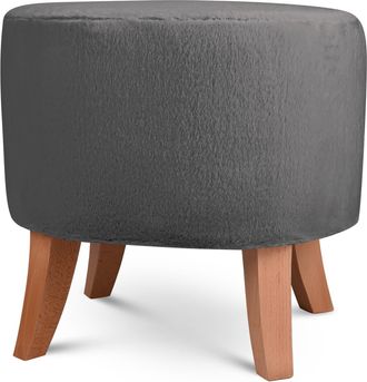 MG Design Ovaler Kunstfell-Hocker 42 x 52 cm in Grau mit Holzbeinen - Gepolsterter Fu&szlig;hocker f&uuml;r Wohnzimmer oder Schlafzimmer