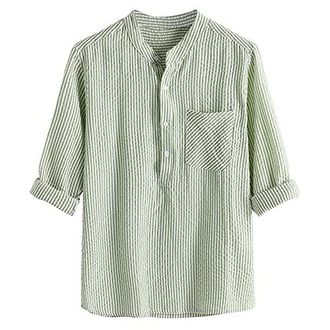 Generic Chemise en lin &agrave; rayures fines pour homme - Chemise &agrave; manches longues boutonn&eacute;e &agrave; manches courtes - Coupe ajust&eacute;e - Haut en coton pour la plage - T-sh