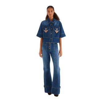 Farm Rio Farm Rio, Femme, Blouses et Chemises, Bleu, Taille: 38 FR Porcelain Birds Denim Shirt