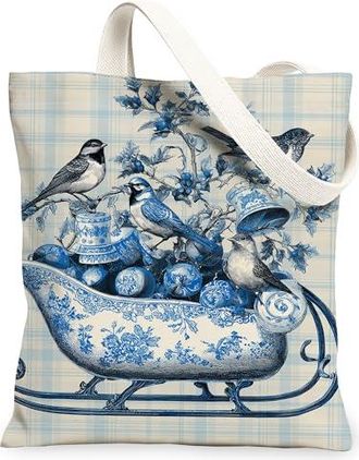 Generic Sacs fourre-tout en toile motif floral vintage, r&eacute;utilisables, &eacute;l&eacute;gants, l&eacute;gers et lavables avec bandouli&egrave;re, Bleu, 13x15 Inch