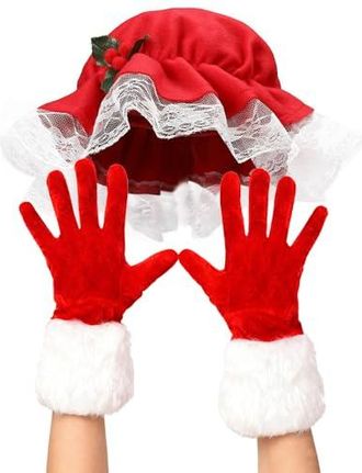 Generico Chapeau Et Gants pour P&egrave;re No&euml;l - Costume Cosplay de No&euml;l - Gants et chapeau de d&eacute;guisement Claus, pour femmes, filles, f&ecirc;tes de No&euml;l, &eacute;v&eacute;nements