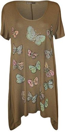 WearAll Grande Taille Papillon imprimé Mouchoir Ourlet irrégulier t-Shirt Top à Manches Courts - Moka - 50-52