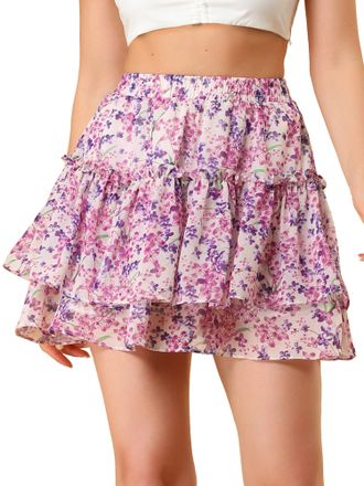 Allegra K Damen Blumenrock Sommer Hoher Taille A Linie Ruffle Layered Kurz Minirock Rock Rosa Lila XL