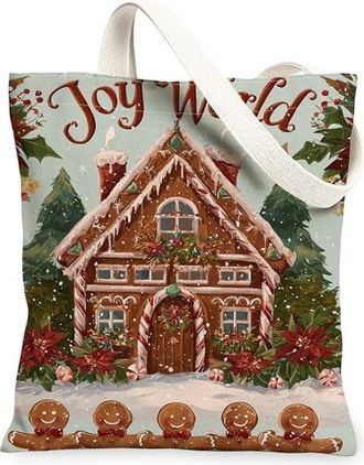 Generic Sacs fourre-tout en toile de No&euml;l motif maison en pain d&eacute;pices, sacs d&eacute;picerie r&eacute;utilisables, vintage, l&eacute;gers et lavables pour voyage, pique-nique, 33