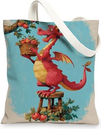Generic Sacs fourre-tout en toile motif dragon de dessin animé, sacs dépicerie réutilisables, légers et lavables avec bandoulière pour le shopping, les voyage