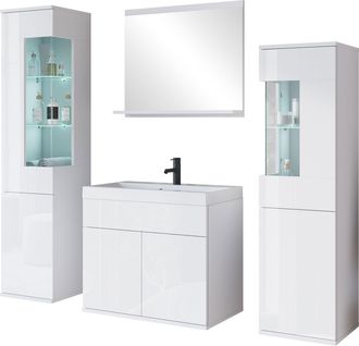 Mirjan24 Badm&ouml;bel Set Neskir mit Waschbecken und Siphon, Komplettprogramme f&uuml;r Badezimmer, Spiegel, Waschtisch, Hochschrank, H&auml;ngeschrank (Wei&szlig;/Wei&szlig; Hochglanz,