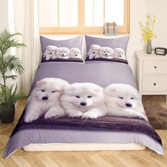 Generic Housse de Couette 160x200 Samoy&egrave;de Blanc Imprim&eacute;e 3D Motif de Chien Parure de Lit 1 Personne Doux Microfibre Literie avec 2 Taies Doreillers 65x65 cm 
