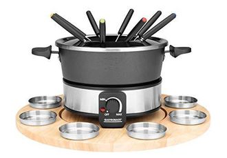 Gastroback 42566 Fondue Set, praktischer Drehteller mit 8 Edelstahl-Saucenbehälter Stufenlos regelbar von 40°C bis 190°C, 1.000 Watt, Schwarz, Silber