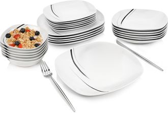 Sänger | Kombiservice Bilgola Black Lines 24 teilig, Porzellan Schüsseln & Geschirr Set 6 Personen, Tafelservice, Tiefe Teller, Essteller - spülmaschinenfest