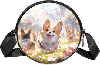 Generic Petit sac &agrave; bandouli&egrave;re Circle pour femme, petit sac &agrave; bandouli&egrave;re Corgi avec fermeture &eacute;clair, bretelles r&eacute;glables, sac &agrave; main rond d&eacute;contract&eacute; pour 